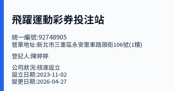 飛躍運動彩券投注站的照片-統編 92748905(新北市) 公司登記資料與營業項目詳細圖表
