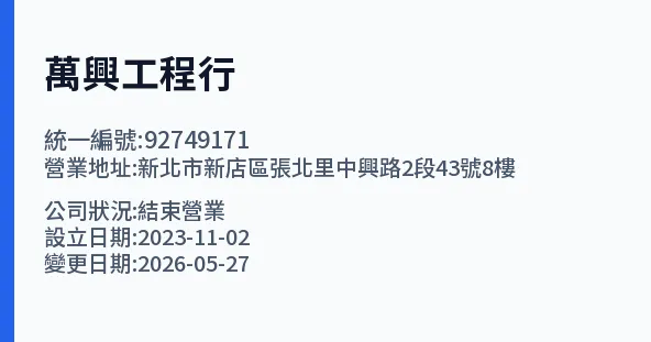 萬興工程行的照片-統編 92749171(新北市) 公司登記資料與營業項目詳細圖表