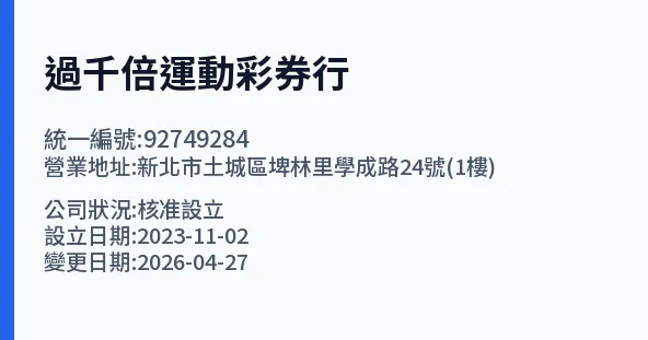 過千倍運動彩券行的照片-統編 92749284(新北市) 公司登記資料與營業項目詳細圖表