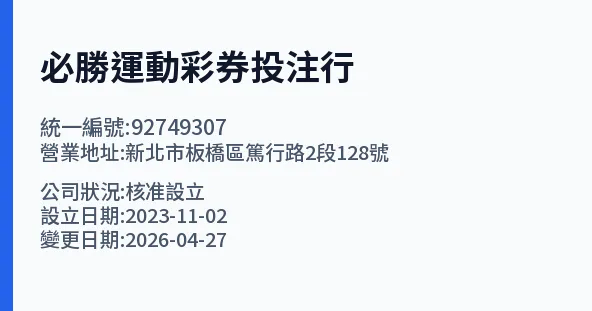 必勝運動彩券投注行的照片-統編 92749307(新北市) 公司登記資料與營業項目詳細圖表