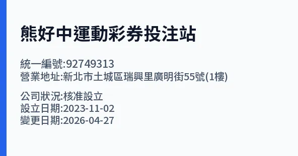 熊好中運動彩券投注站的照片-統編 92749313(新北市) 公司登記資料與營業項目詳細圖表