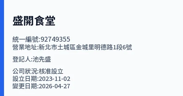 盛開食堂的照片-統編 92749355(新北市) 公司登記資料與營業項目詳細圖表