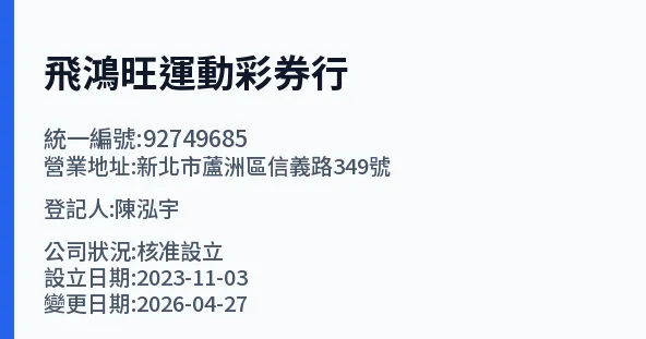 飛鴻旺運動彩券行的照片-統編 92749685(新北市) 公司登記資料與營業項目詳細圖表