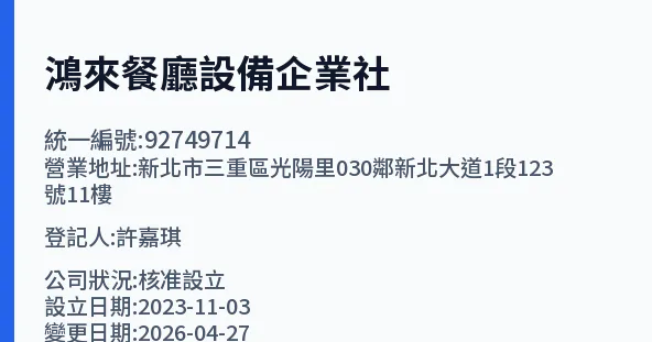 鴻來餐廳設備企業社的照片-統編 92749714(新北市) 公司登記資料與營業項目詳細圖表