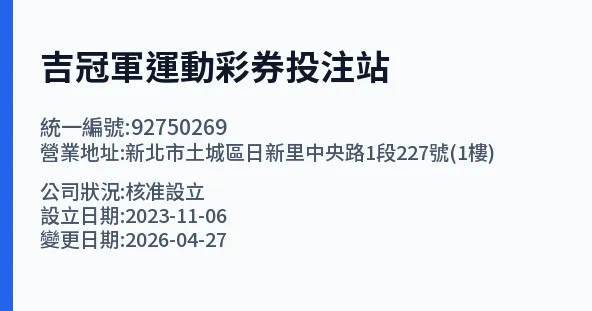 吉冠軍運動彩券投注站的照片-統編 92750269(新北市) 公司登記資料與營業項目詳細圖表