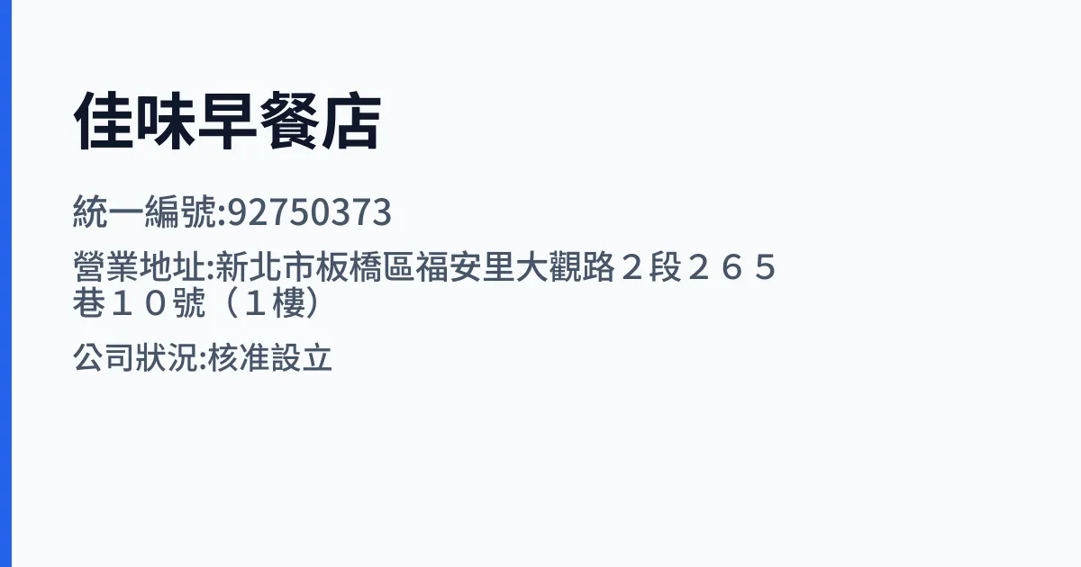 佳味早餐店 - 統編 92750373(新北市) 公司登記資料與營業項目詳細圖表