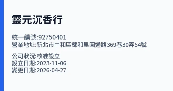 靈元沉香行的照片-統編 92750401(新北市) 公司登記資料與營業項目詳細圖表
