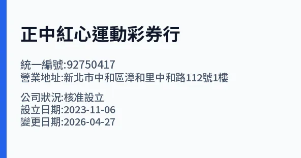 正中紅心運動彩券行的照片-統編 92750417(新北市) 公司登記資料與營業項目詳細圖表