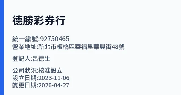 德勝彩券行的照片-統編 92750465(新北市) 公司登記資料與營業項目詳細圖表