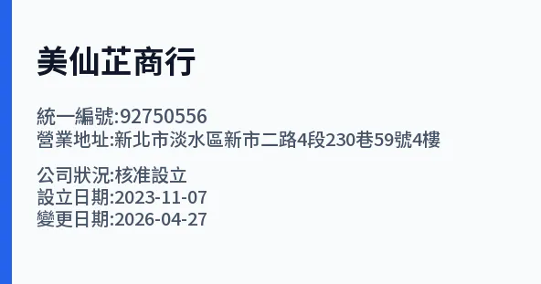 美仙芷商行的照片-統編 92750556(新北市) 公司登記資料與營業項目詳細圖表