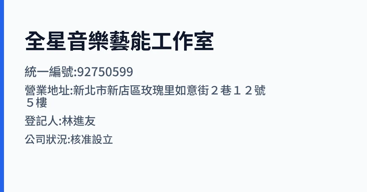 全星音樂藝能工作室 - 統編 92750599(新北市) 公司登記資料與營業項目詳細圖表