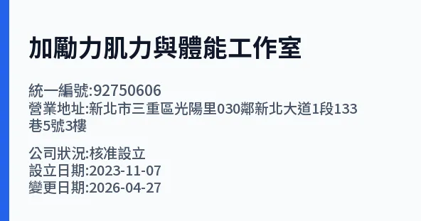 加勵力肌力與體能工作室的照片-統編 92750606(新北市) 公司登記資料與營業項目詳細圖表