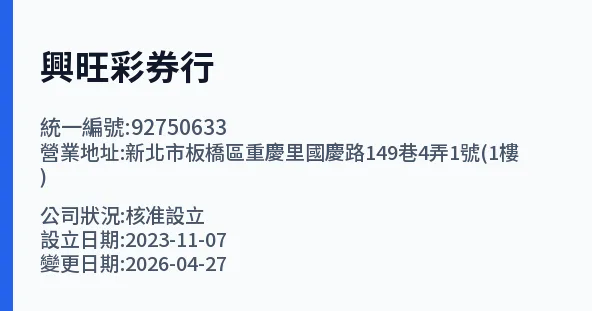 興旺彩券行的照片-統編 92750633(新北市) 公司登記資料與營業項目詳細圖表