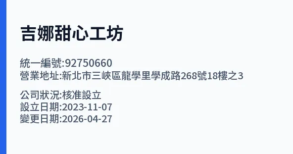 吉娜甜心工坊的照片-統編 92750660(新北市) 公司登記資料與營業項目詳細圖表