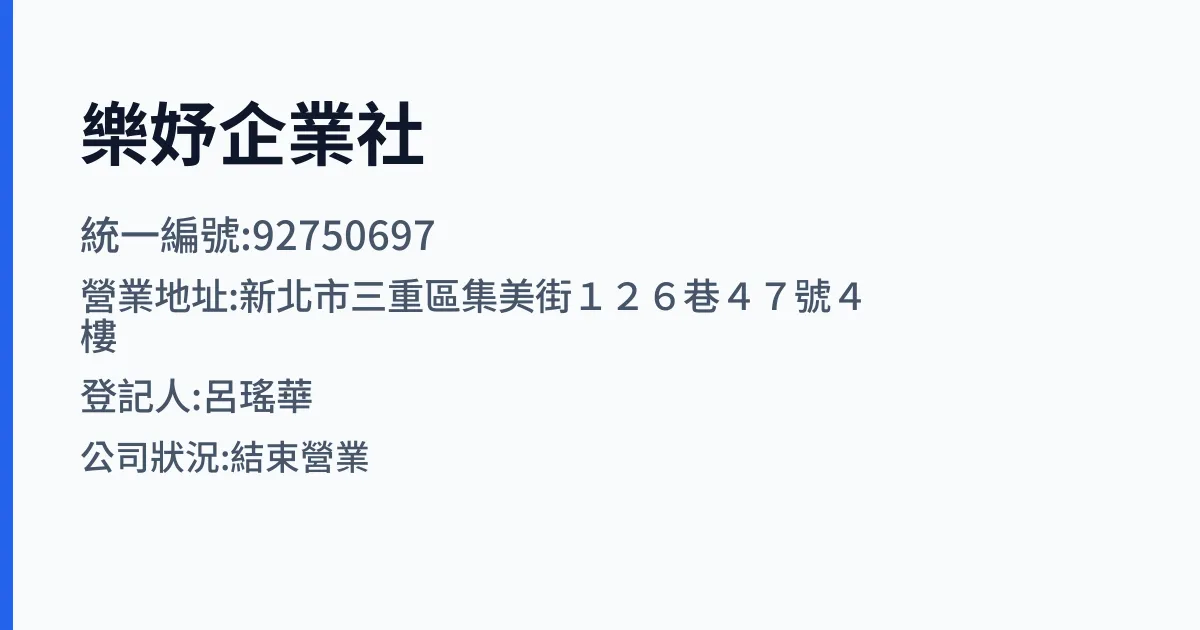 樂妤企業社 - 統編 92750697(新北市) 公司登記資料與營業項目詳細圖表