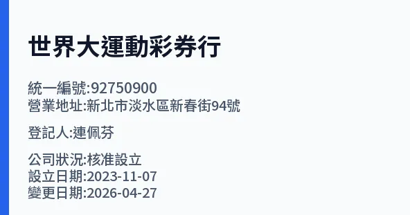 世界大運動彩券行的照片-統編 92750900(新北市) 公司登記資料與營業項目詳細圖表