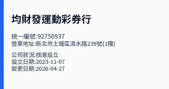 均財發運動彩券行的照片-統編 92750937(新北市) 公司登記資料與營業項目詳細圖表