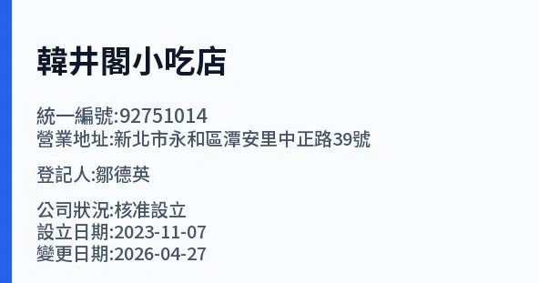 韓井閣小吃店的照片-統編 92751014(新北市) 公司登記資料與營業項目詳細圖表