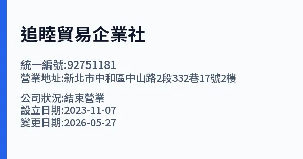 追睦貿易企業社的照片-統編 92751181(新北市) 公司登記資料與營業項目詳細圖表