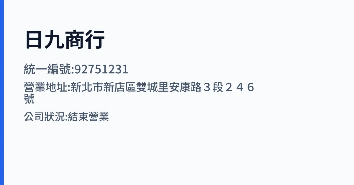 日九商行 - 統編 92751231(新北市) 公司登記資料與營業項目詳細圖表