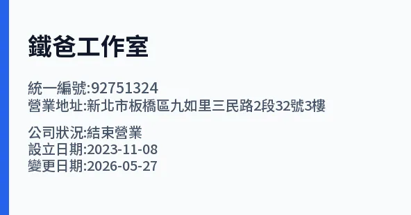 鐵爸工作室的照片-統編 92751324(新北市) 公司登記資料與營業項目詳細圖表
