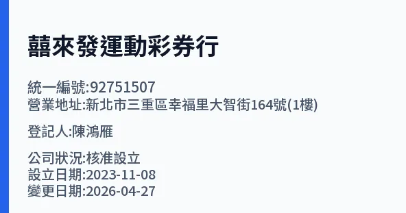 囍來發運動彩券行的照片-統編 92751507(新北市) 公司登記資料與營業項目詳細圖表