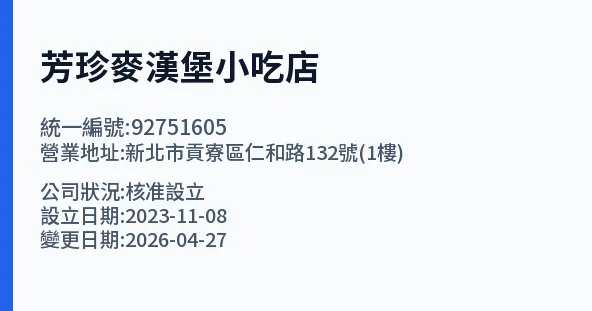 芳珍麥漢堡小吃店的照片-統編 92751605(新北市) 公司登記資料與營業項目詳細圖表