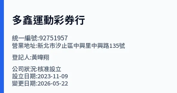 多鑫運動彩券行的照片-統編 92751957(新北市) 公司登記資料與營業項目詳細圖表