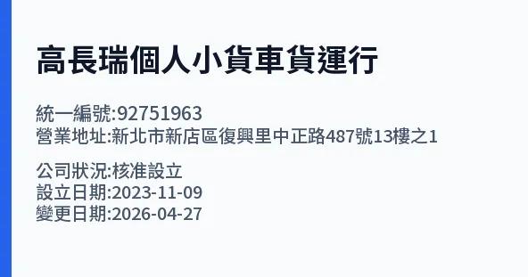 高長瑞個人小貨車貨運行的照片-統編 92751963(新北市) 公司登記資料與營業項目詳細圖表