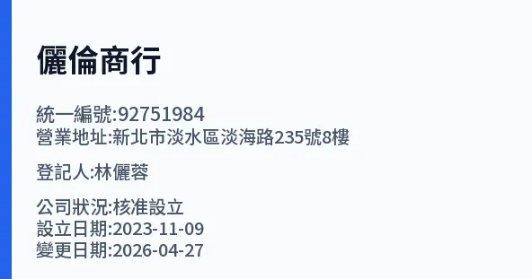 儷倫商行的照片-統編 92751984(新北市) 公司登記資料與營業項目詳細圖表