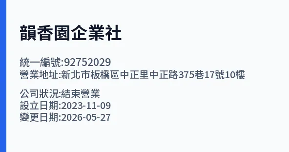 韻香園企業社的照片-統編 92752029(新北市) 公司登記資料與營業項目詳細圖表