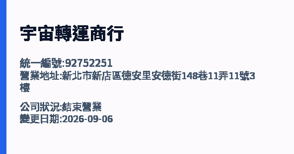 宇宙轉運商行的照片-統編 92752251(新北市) 公司登記資料與營業項目詳細圖表