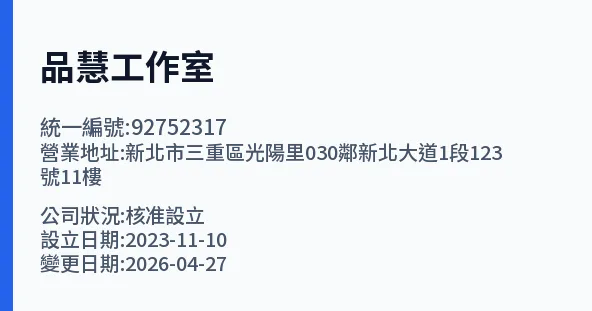品慧工作室的照片-統編 92752317(新北市) 公司登記資料與營業項目詳細圖表