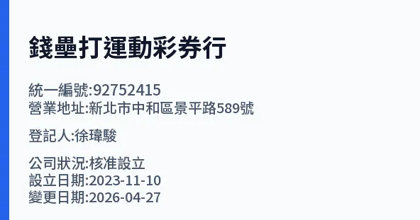 錢壘打運動彩券行的照片-統編 92752415(新北市) 公司登記資料與營業項目詳細圖表