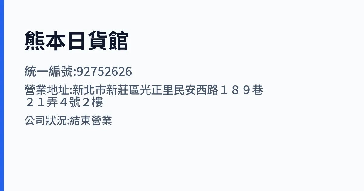 熊本日貨館 - 統編 92752626(新北市) 公司登記資料與營業項目詳細圖表