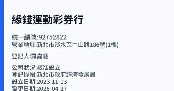 緣錢運動彩券行的照片-統編 92752822(新北市) 公司登記資料與營業項目詳細圖表