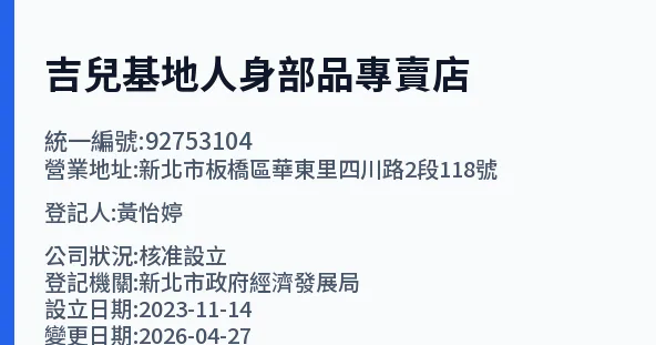 吉兒基地人身部品專賣店的照片-統編 92753104(新北市) 公司登記資料與營業項目詳細圖表