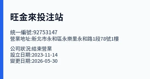 旺金來投注站的照片-統編 92753147(新北市) 公司登記資料與營業項目詳細圖表