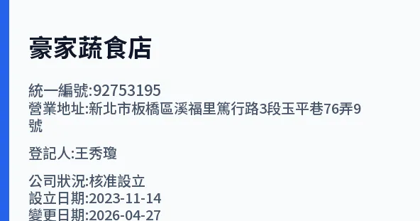 豪家蔬食店的照片-統編 92753195(新北市) 公司登記資料與營業項目詳細圖表