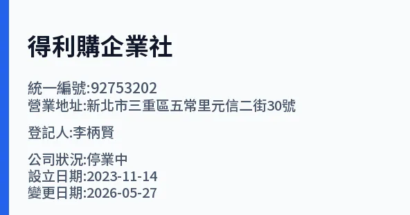 得利購企業社的照片-統編 92753202(新北市) 公司登記資料與營業項目詳細圖表