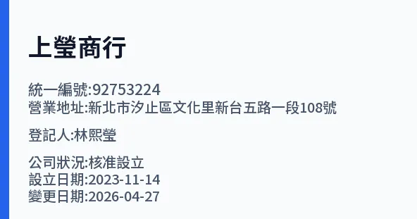 上瑩商行的照片-統編 92753224(新北市) 公司登記資料與營業項目詳細圖表