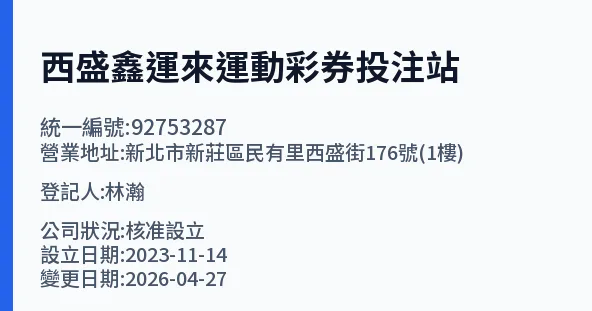 西盛鑫運來運動彩券投注站的照片-統編 92753287(新北市) 公司登記資料與營業項目詳細圖表