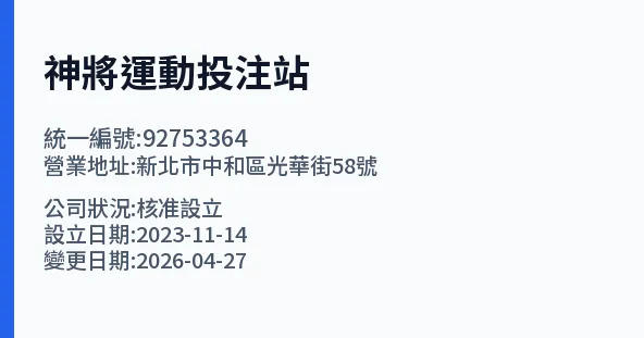 神將運動投注站的照片-統編 92753364(新北市) 公司登記資料與營業項目詳細圖表
