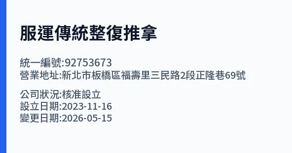 服運傳統整復推拿的照片-統編 92753673(新北市) 公司登記資料與營業項目詳細圖表