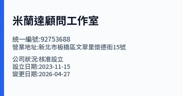 米蘭達顧問工作室的照片-統編 92753688(新北市) 公司登記資料與營業項目詳細圖表
