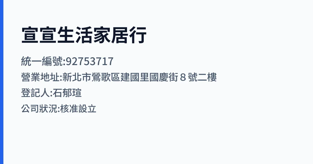 宣宣生活家居行 - 統編 92753717(新北市) 公司登記資料與營業項目詳細圖表