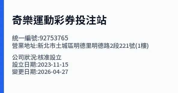 奇樂運動彩券投注站的照片-統編 92753765(新北市) 公司登記資料與營業項目詳細圖表