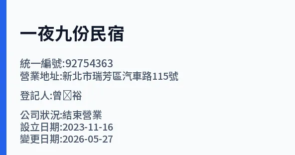 一夜九份民宿的照片-統編 92754363(新北市) 公司登記資料與營業項目詳細圖表