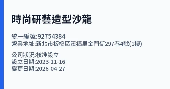 時尚研藝造型沙龍的照片-統編 92754384(新北市) 公司登記資料與營業項目詳細圖表
