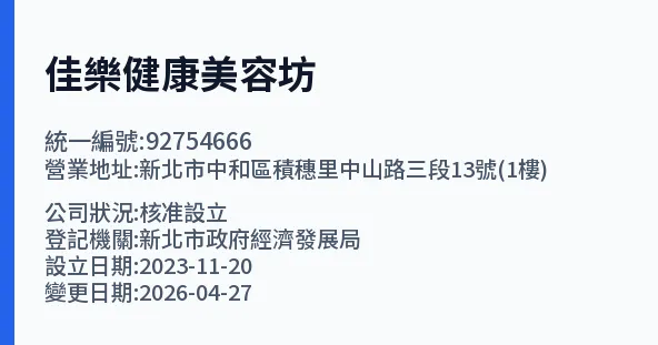 佳樂健康美容坊的照片-統編 92754666(新北市) 公司登記資料與營業項目詳細圖表
